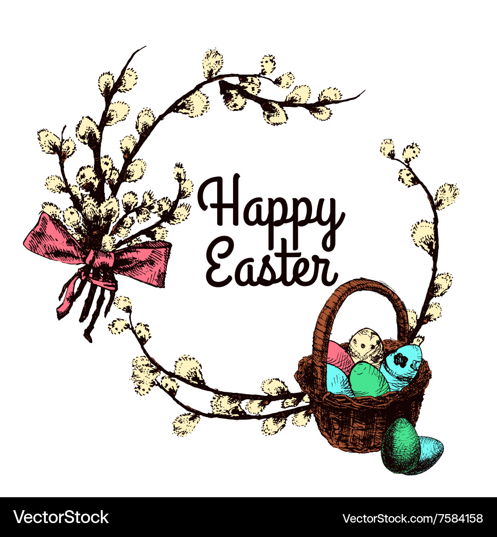 Charming Easter Willow Branches & Rabbit Vector Image