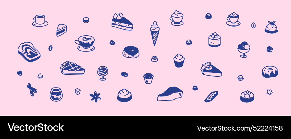 Cute line doodle dessert set cakes apple Vector Image