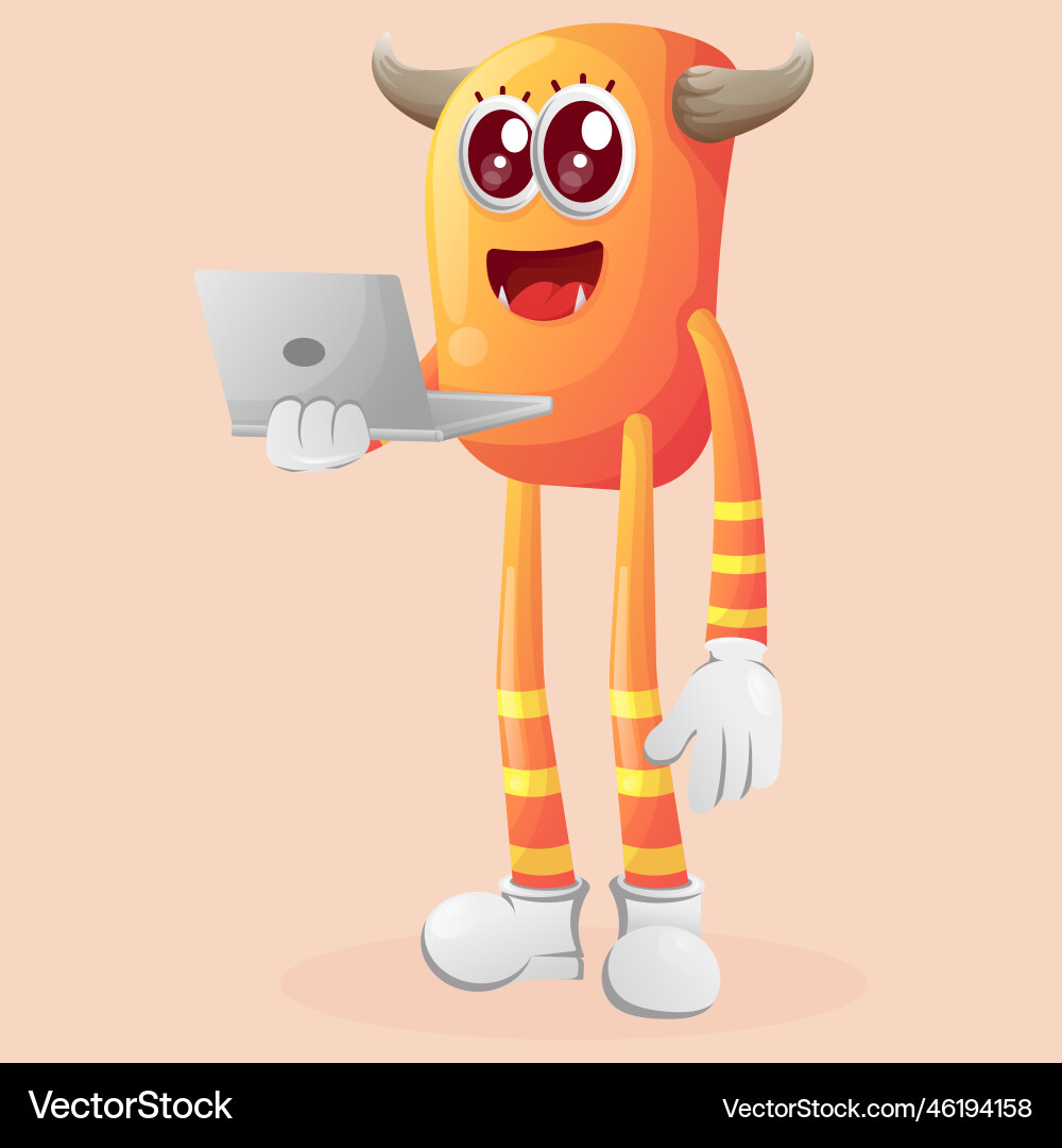 Cute orange monster working using a laptop Vector Image
