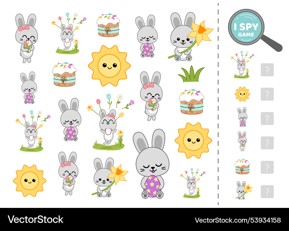 I spy game for kids spring sun bunny cake Vector Image