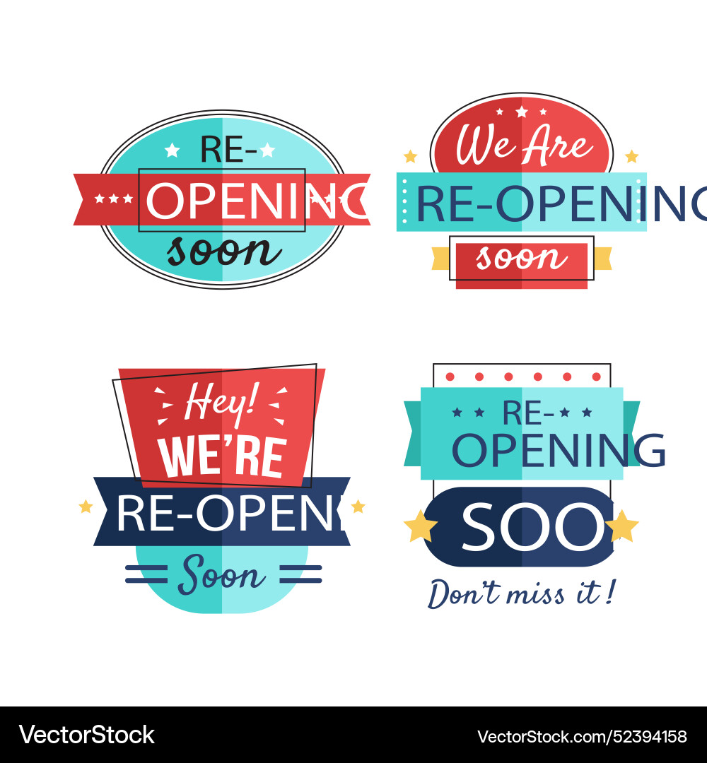 Re-opening soon badges collection Royalty Free Vector Image