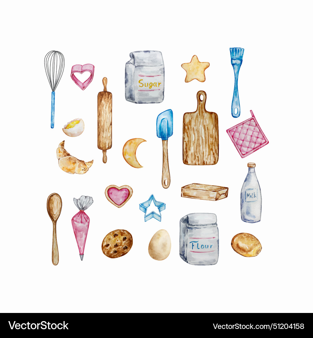 Watercolor bakery tools cooking set Royalty Free Vector