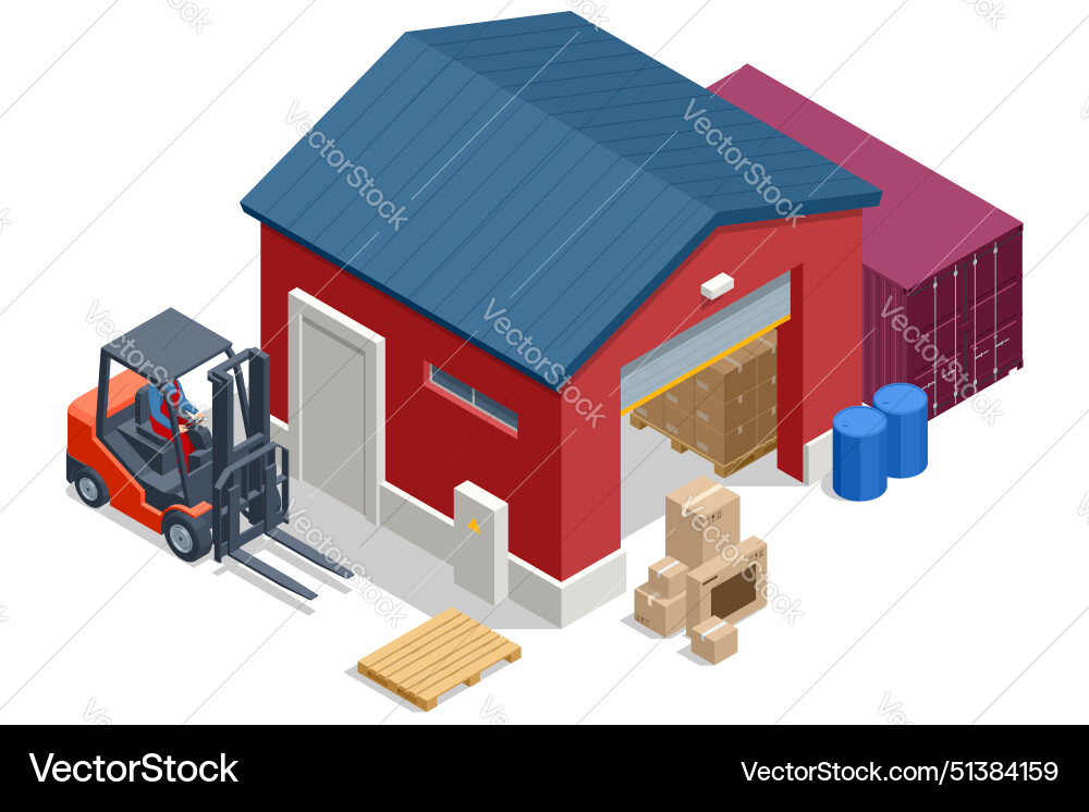 Isometric large modern warehouse with forklifts Vector Image