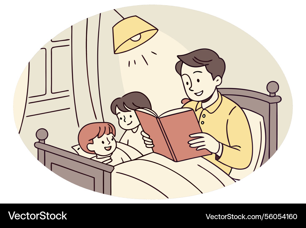 Dad reading a book to his kids before bed Vector Image
