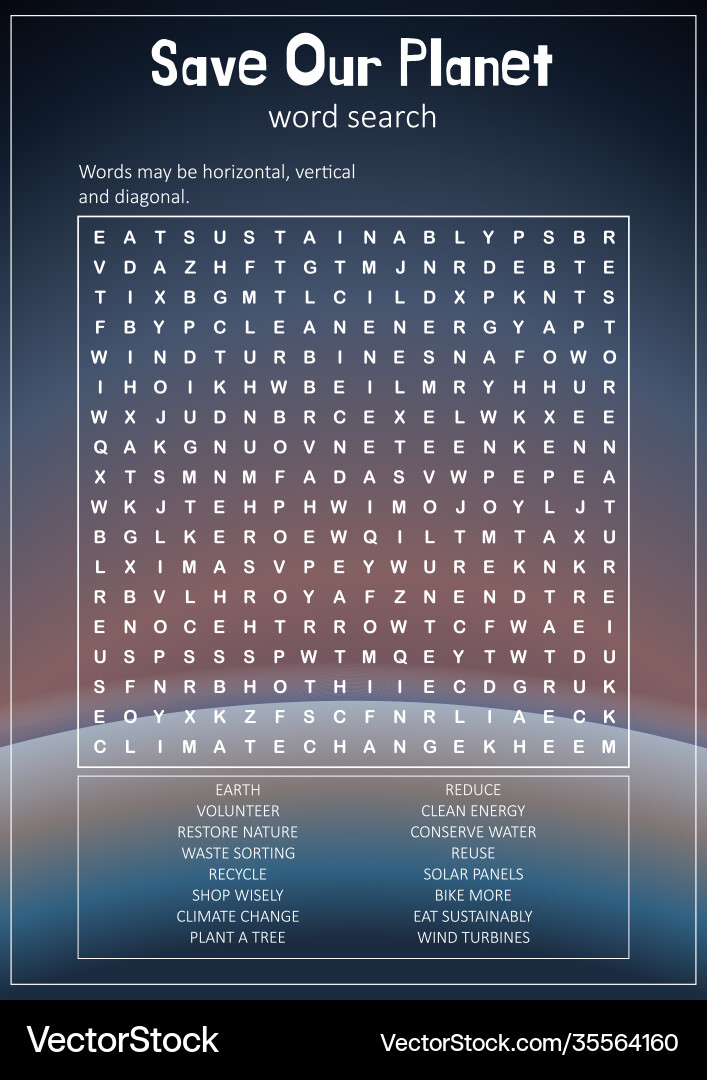 Ecology word search puzzle save earth Royalty Free Vector