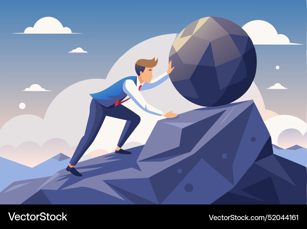 Businessman pushing boulder uphill Royalty Free Vector Image