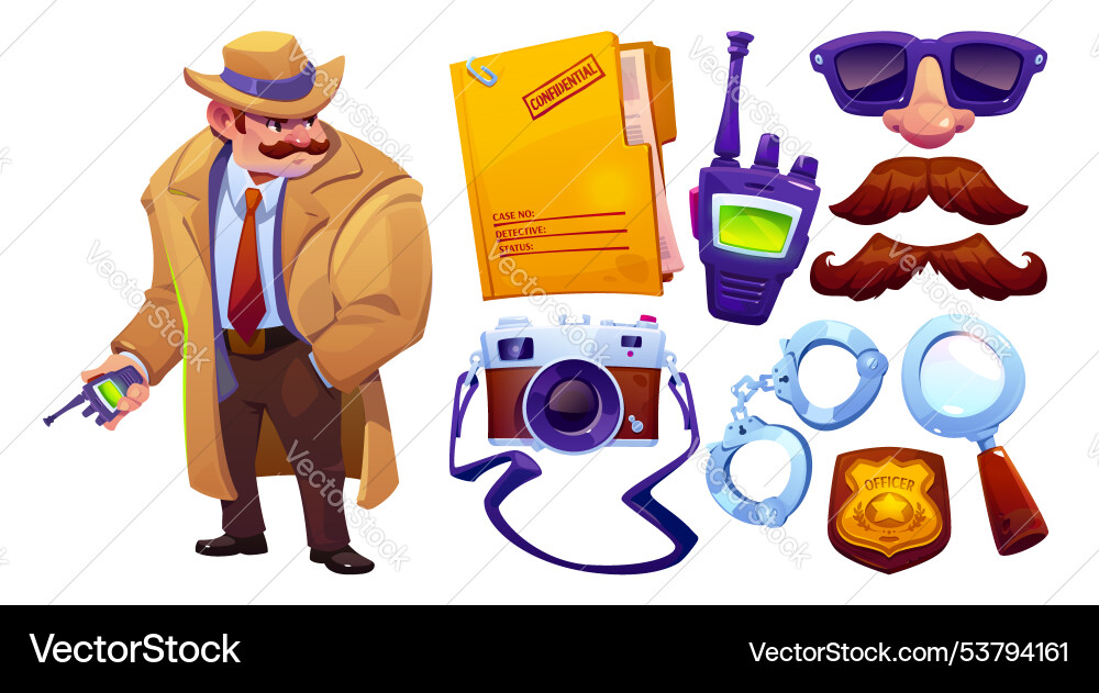 Detective spy in hat inspector equipment icon set Vector Image