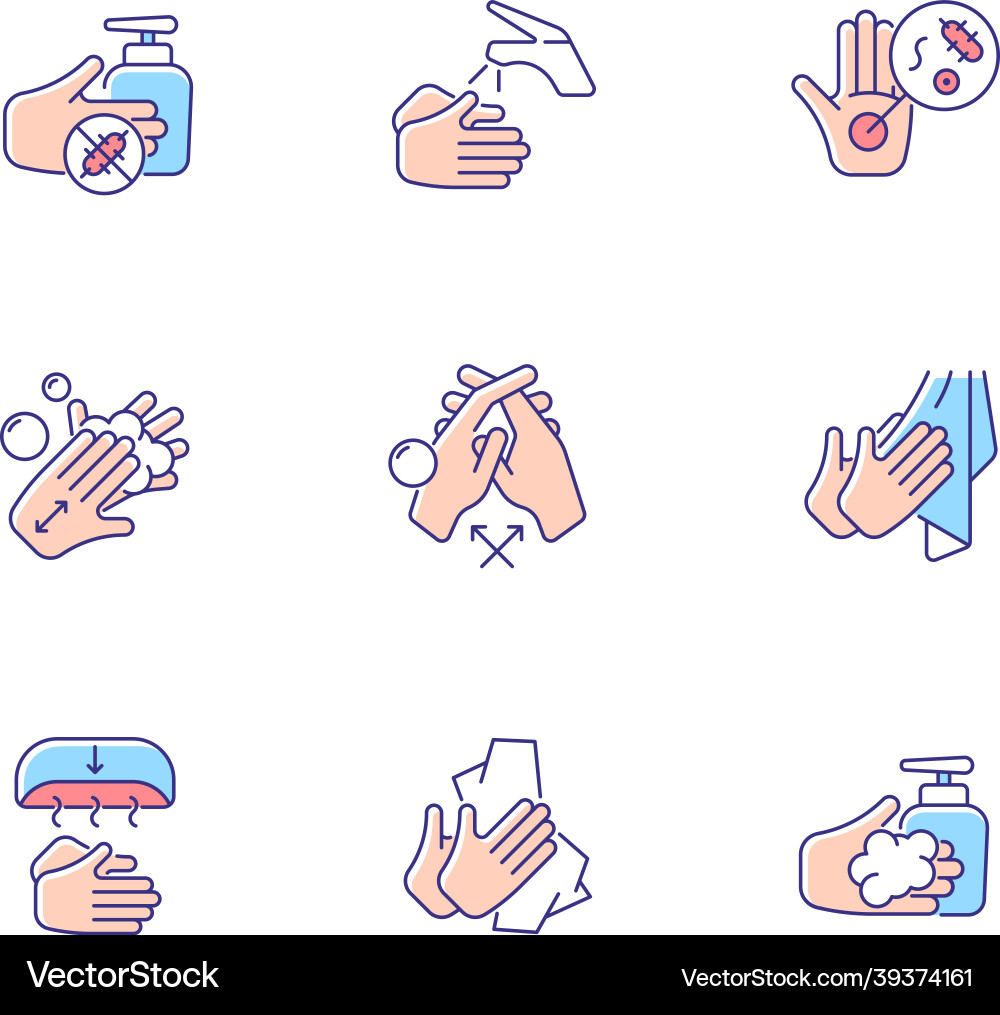 Hand washing steps rgb color icons set Royalty Free Vector