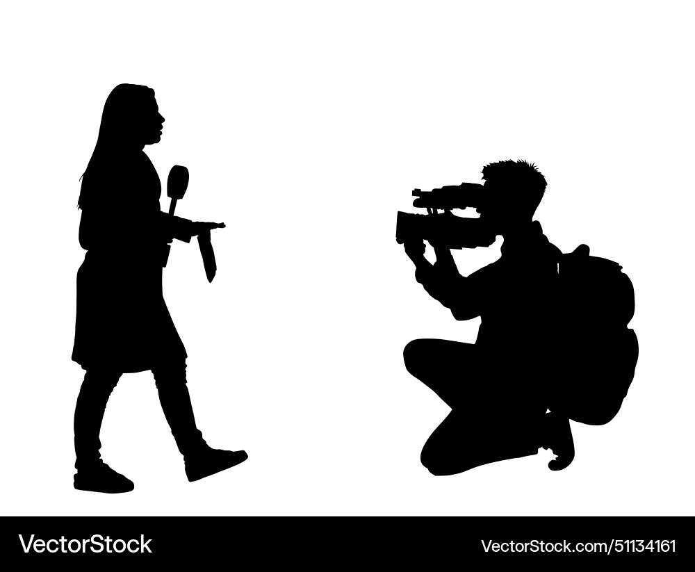 Reporter interview with camera crew silhouette Vector Image