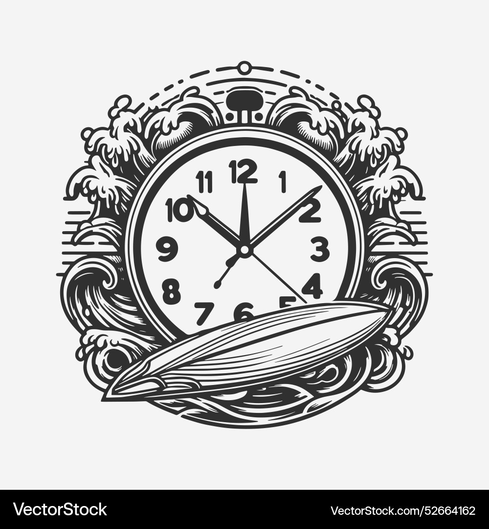Clock with a summer surfboard Royalty Free Vector Image