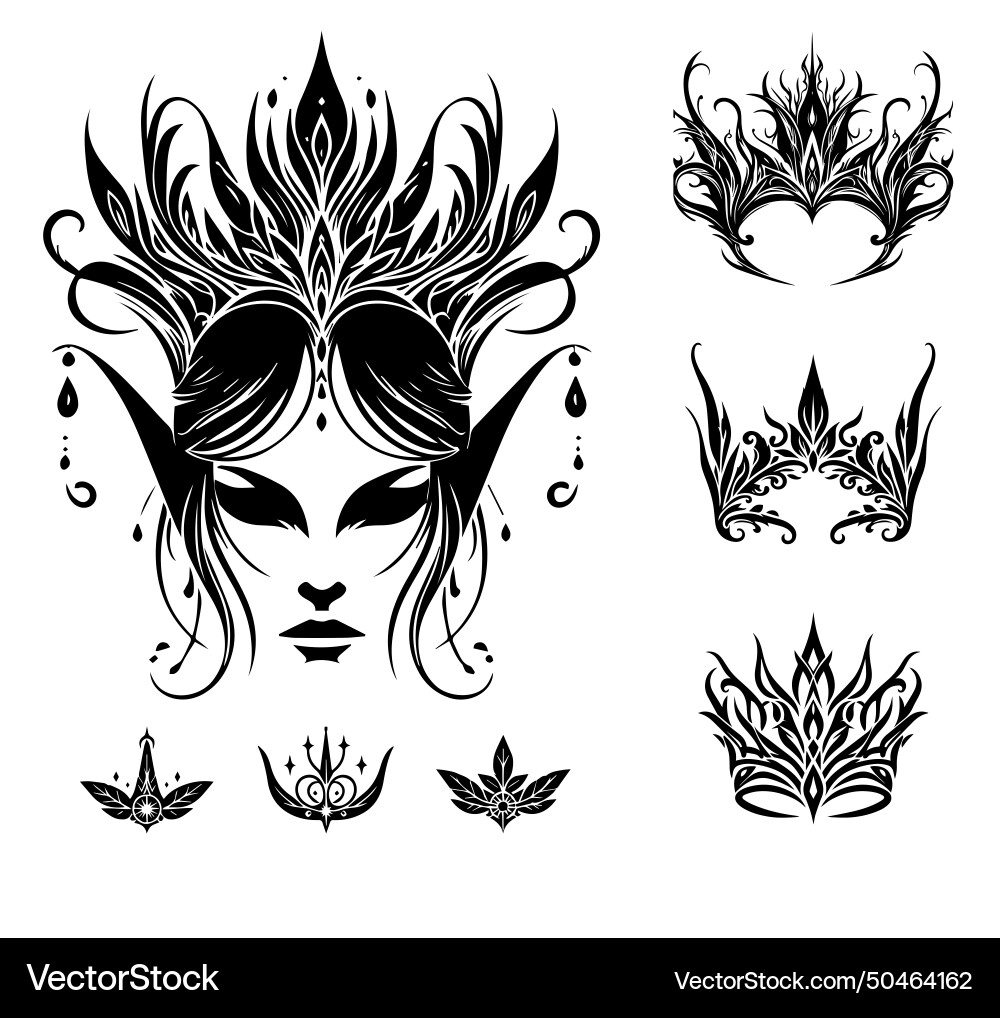 Elven style crowns and design elements Royalty Free Vector