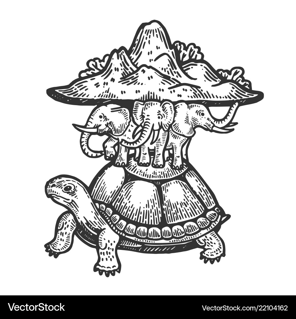 Flat earth on turtle engraving Royalty Free Vector Image