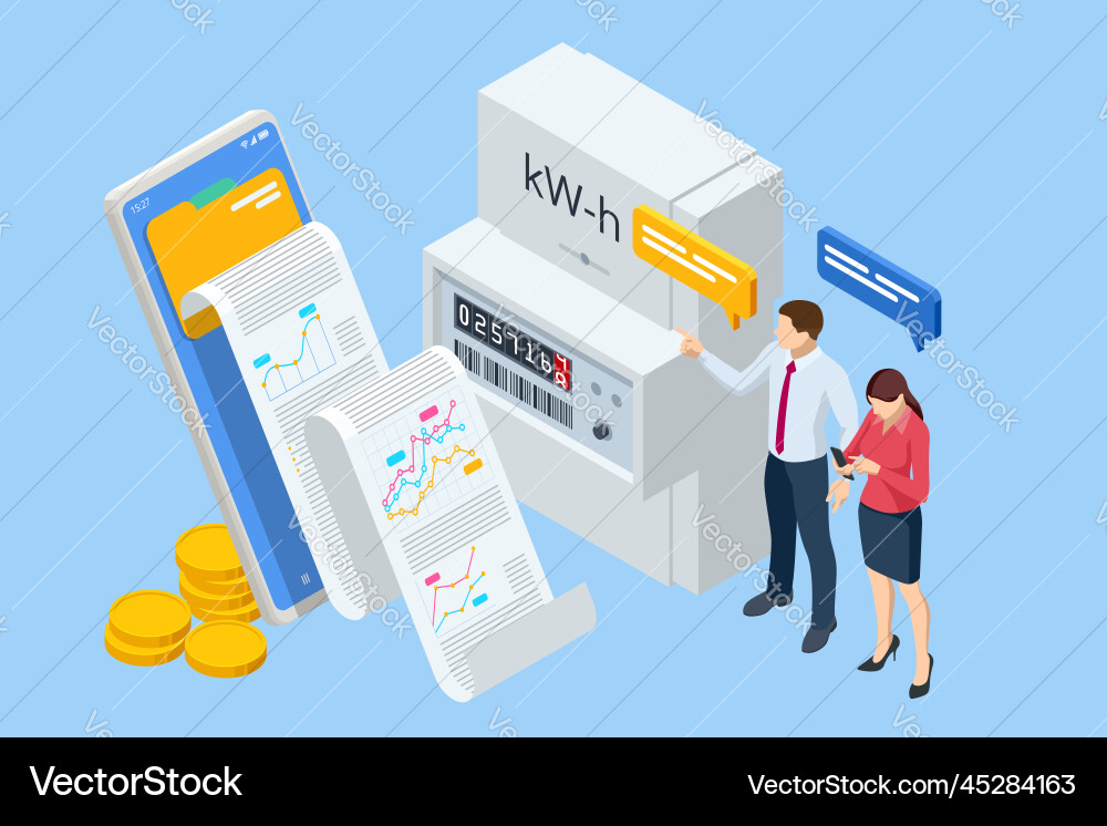 Isometric invoice and electricity meter utility Vector Image