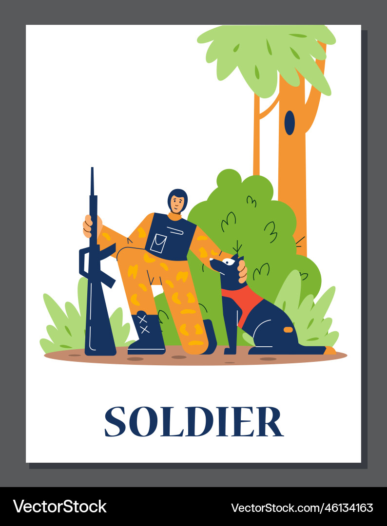 Soldier with service dog in forest flat Royalty Free Vector