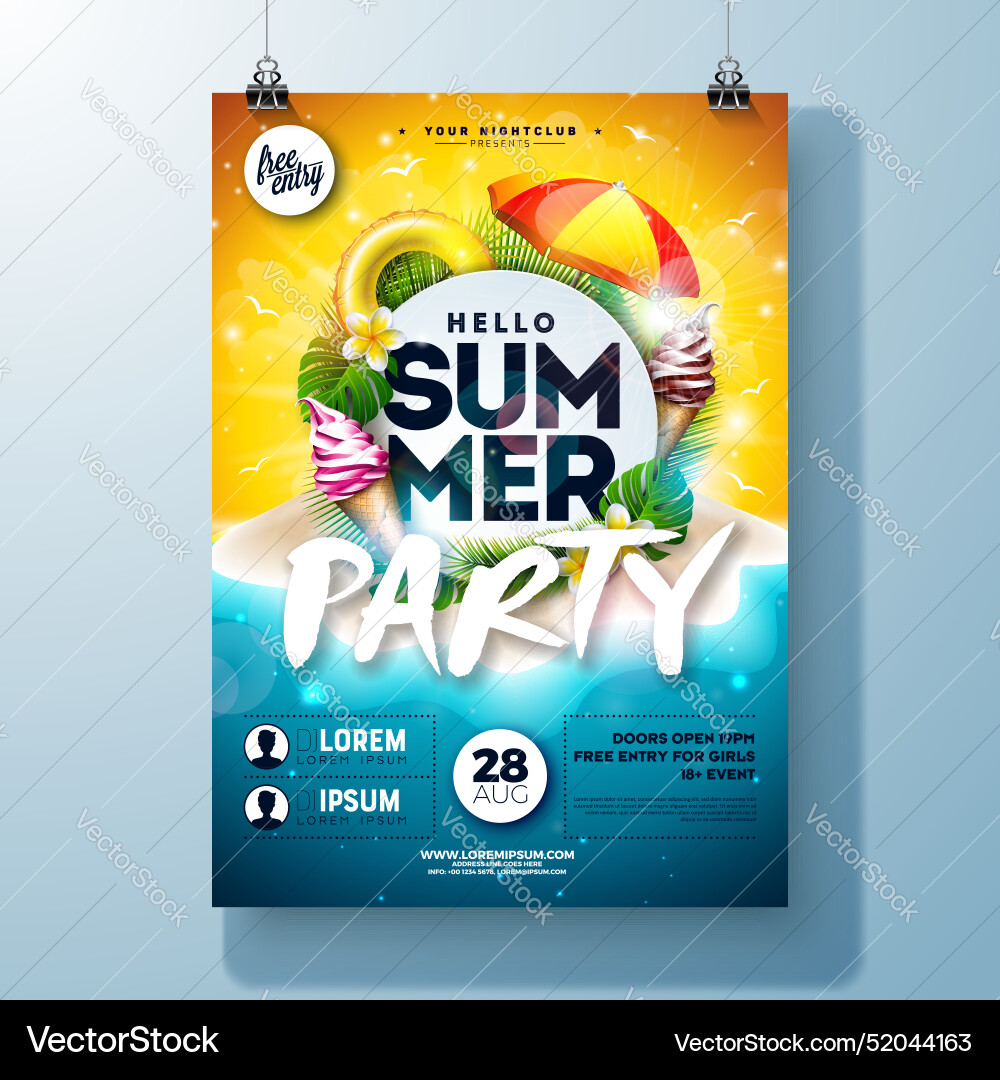 Summer beach party flyer design with flower Vector Image