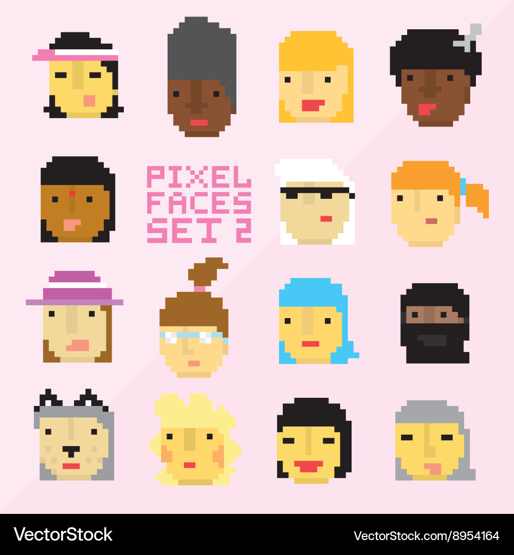 Pixel art style 15 cartoon faces set 2 Royalty Free Vector