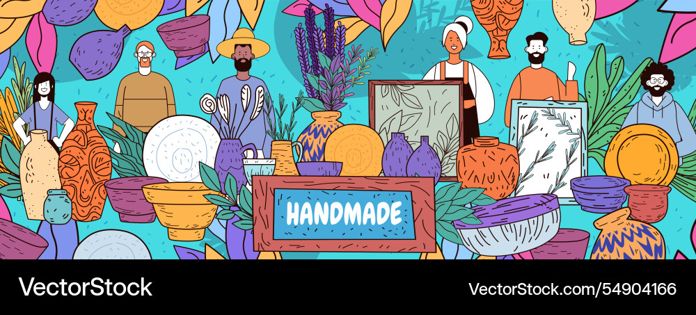 Handmade crafts market with diverse people Vector Image