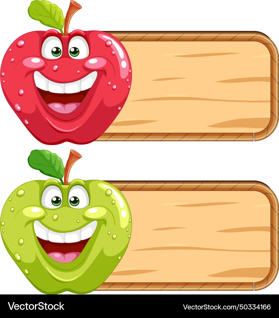 Two cheerful apples beside empty signboards Vector Image