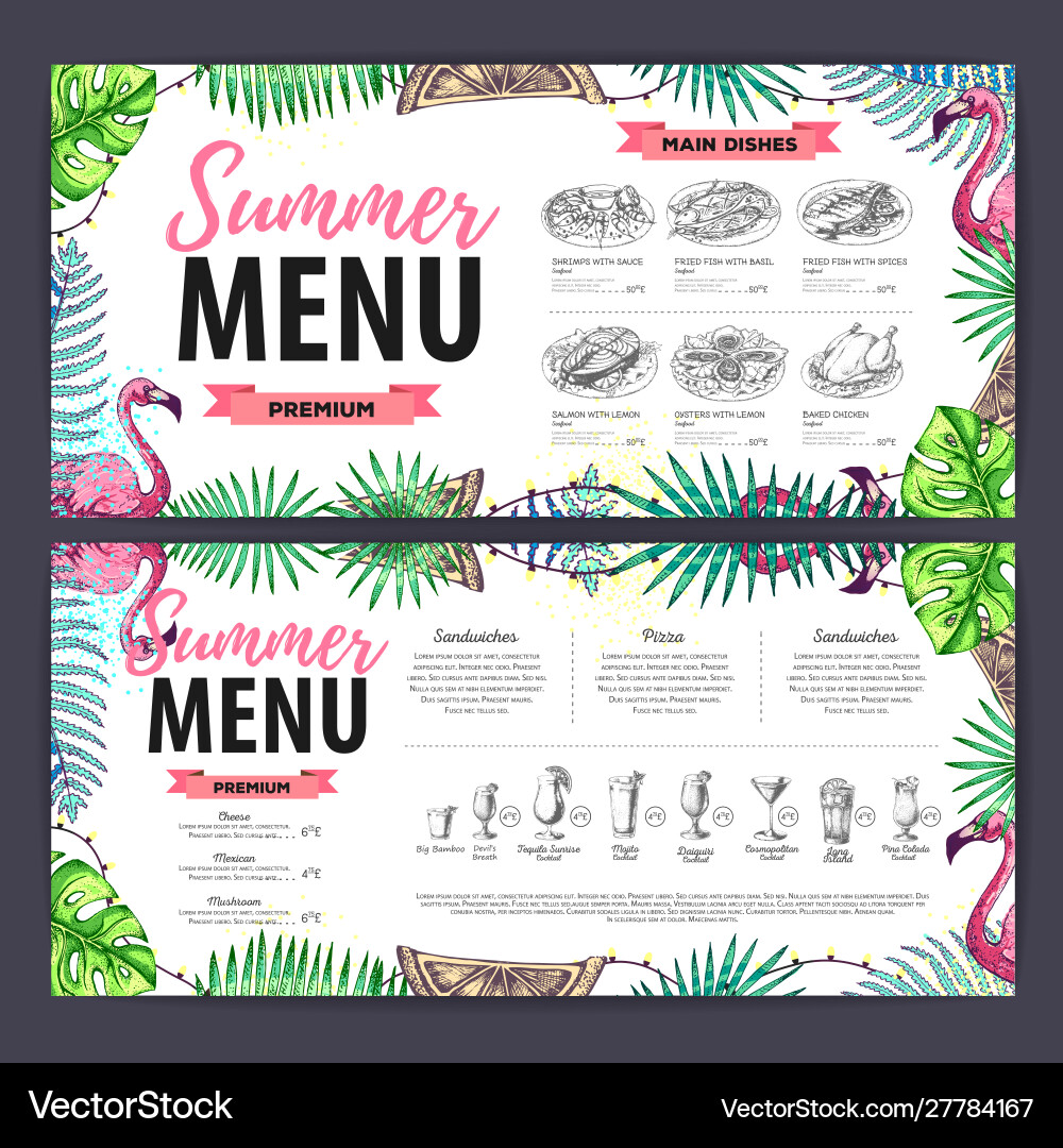 Hand drawing summer menu design with flamingo Vector Image