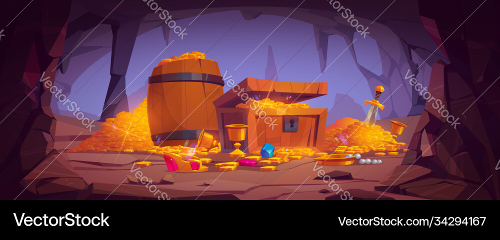 Treasure cave with gold coins in chest and barrel Vector Image