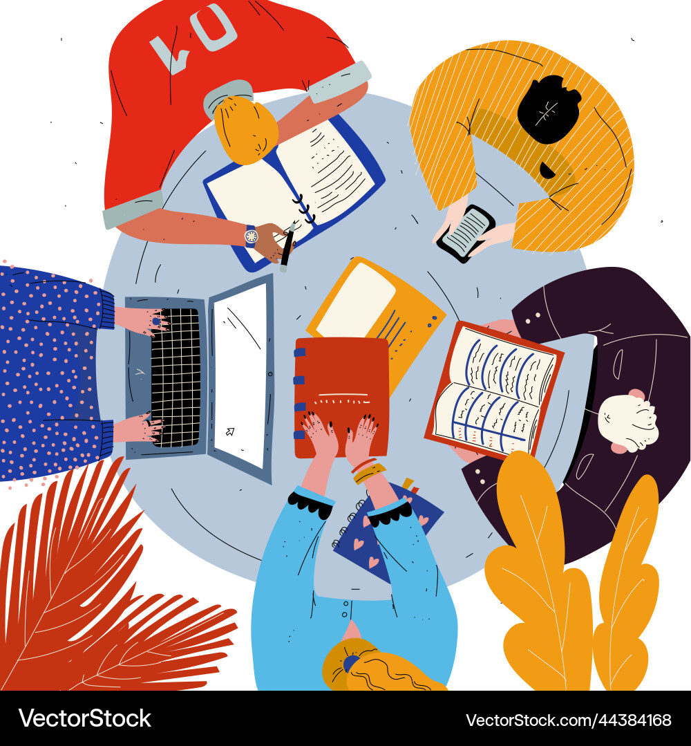 Students Collaborating on a Study Session Vector Image