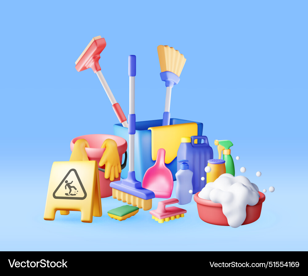 3d set of home cleaning tools isolated Royalty Free Vector