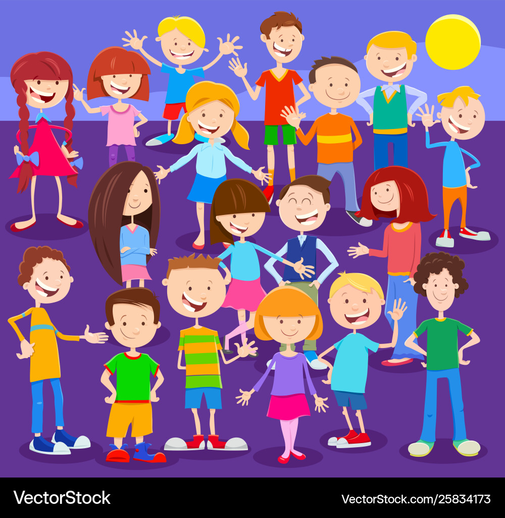 Cartoon children characters large group Royalty Free Vector
