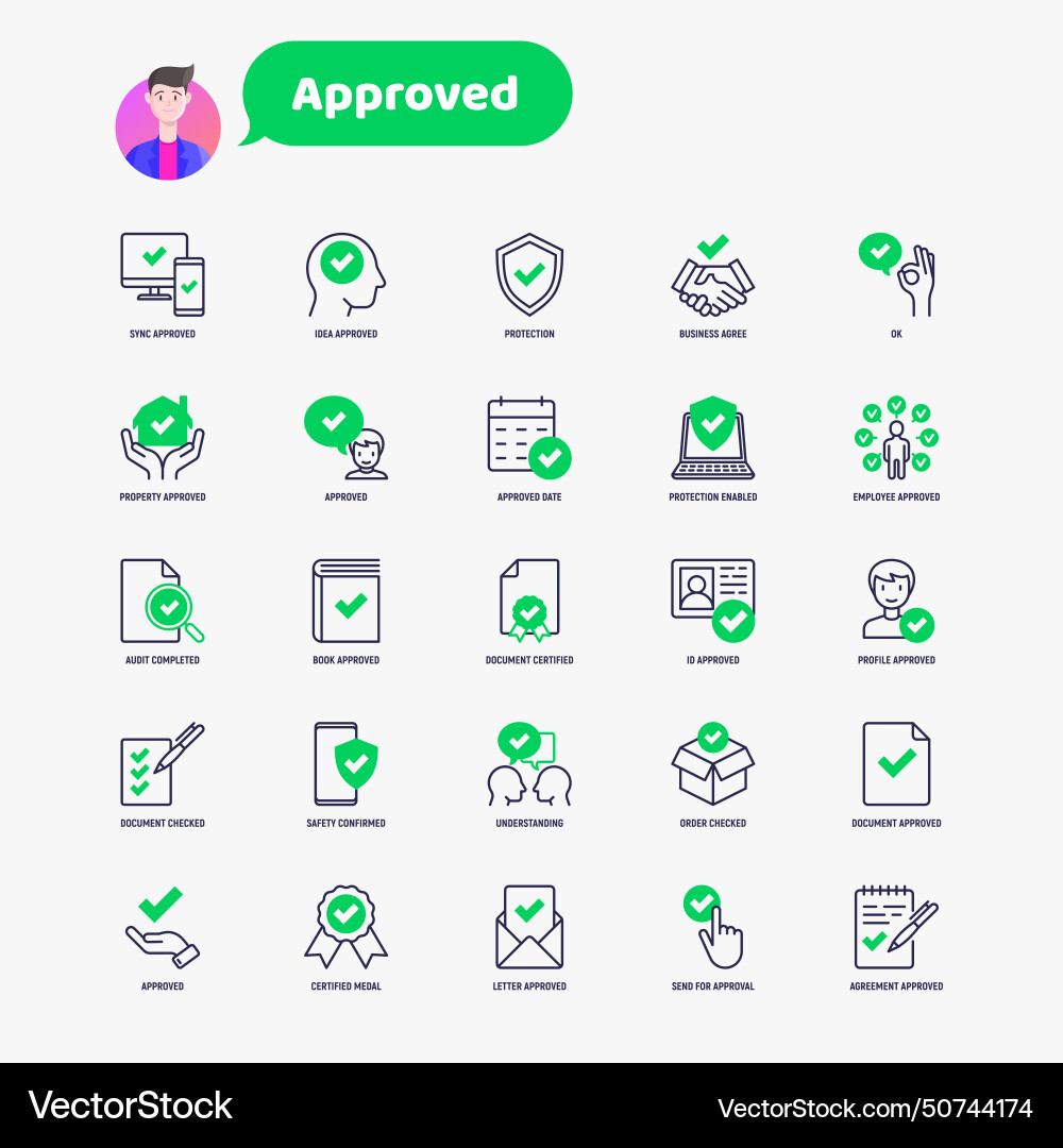Approved thin line icons set sync idea Royalty Free Vector