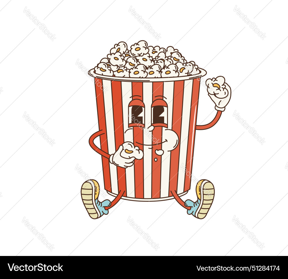 Cartoon retro groovy popcorn bucket character Vector Image