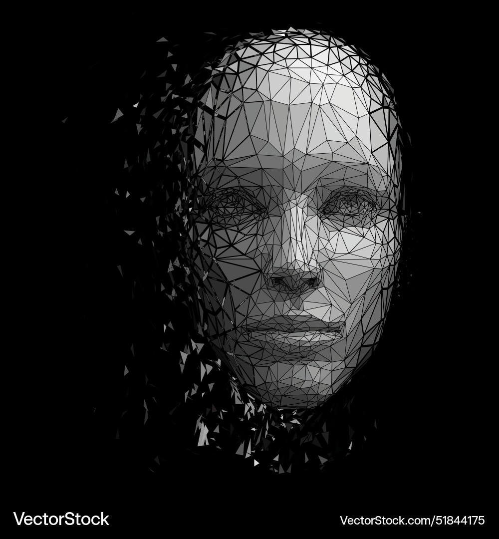Low poly female face disintegrating on black Vector Image Low poly female face disintegrating on black Vector Image