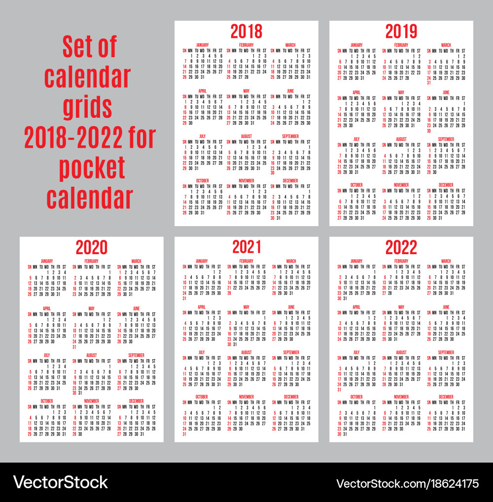 Set calendar grid for years 2018-2022 Royalty Free Vector