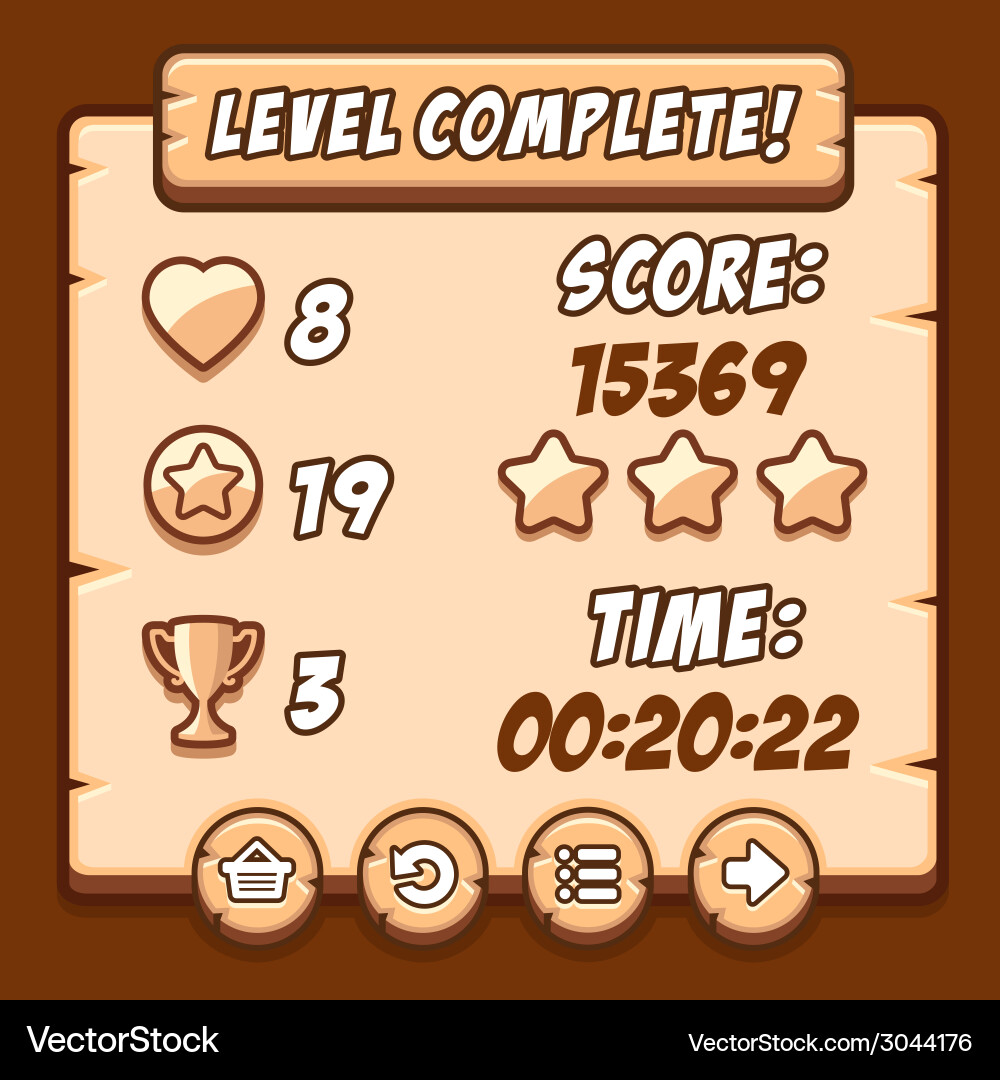 Game wood level complete icons buttons Royalty Free Vector