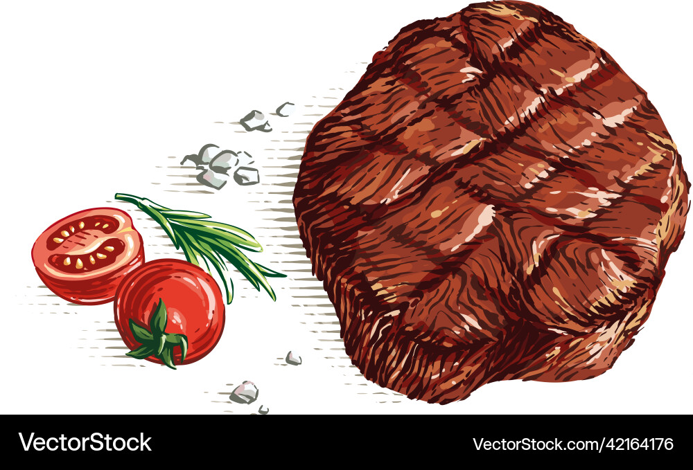 Meat steak on wood board hand drawing sketch Vector Image