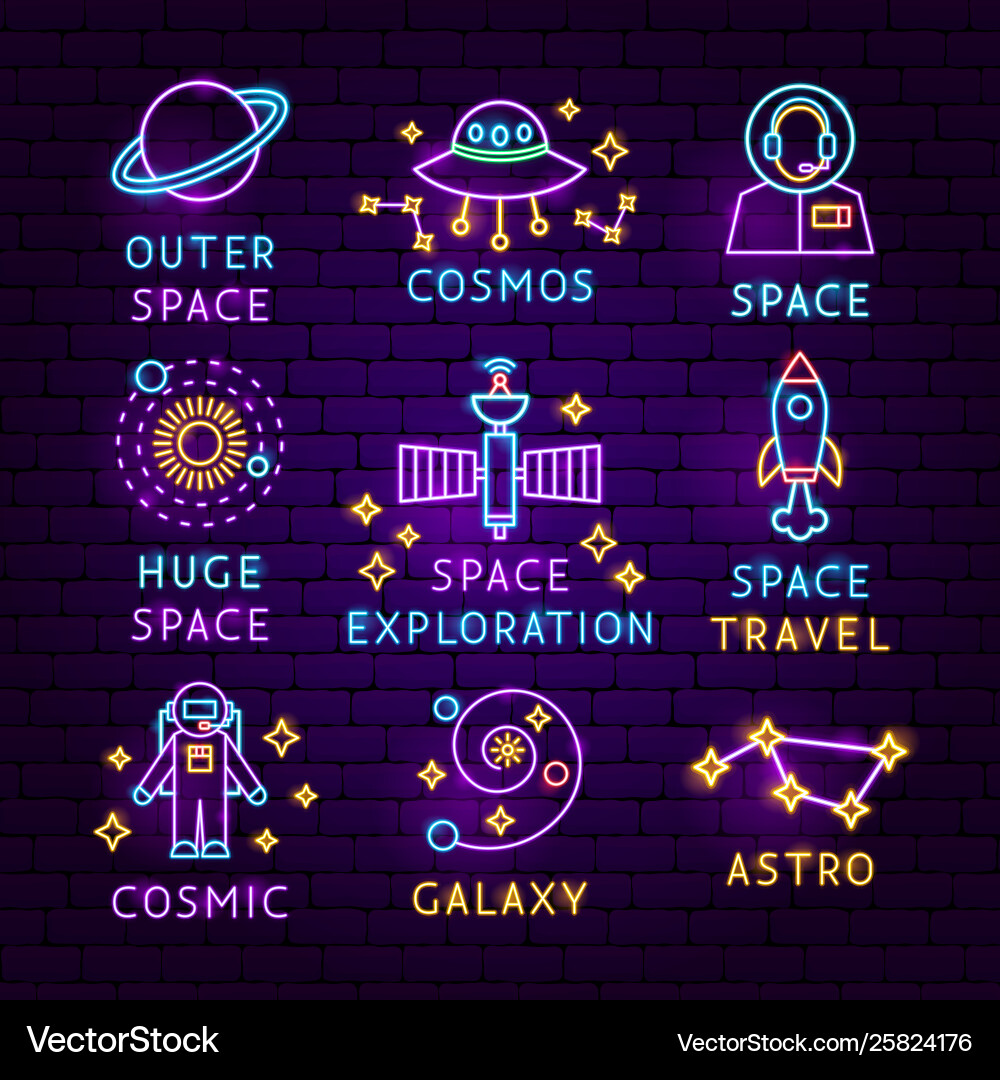Space neon label set Royalty Free Vector Image
