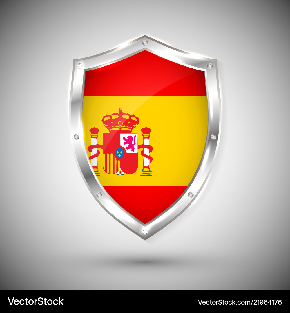 Spain flag on metal shiny shield collection Vector Image