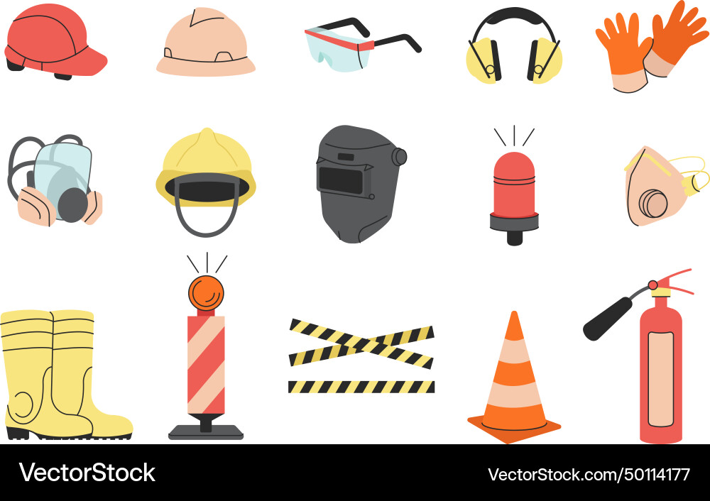 Flat safety equipment security and work warning Vector Image