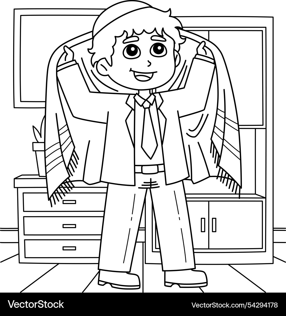 Bat mitzvah boy putting taliit coloring page Vector Image