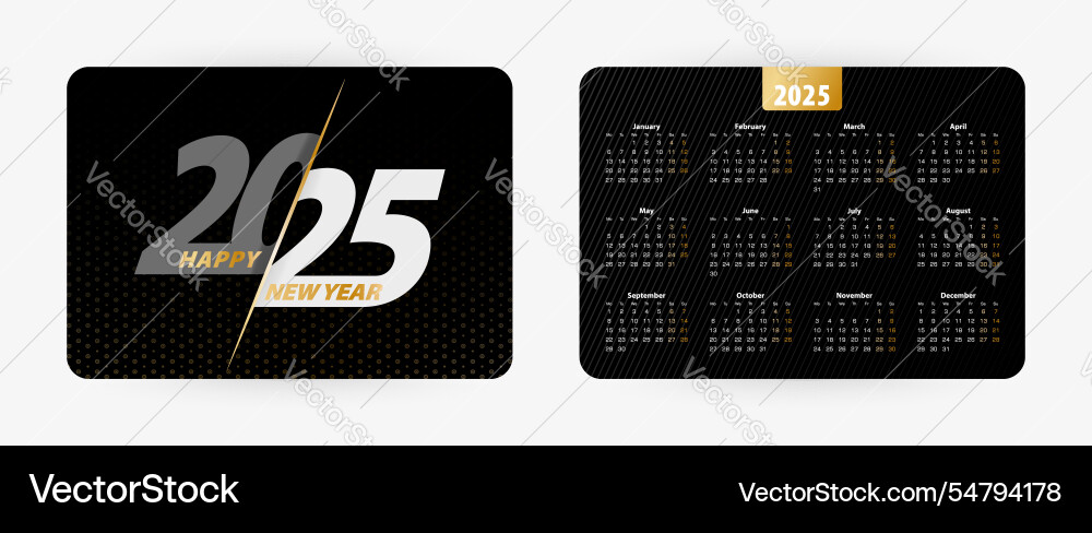 Black horizontal pocket calendar 2025 week starts Vector Image