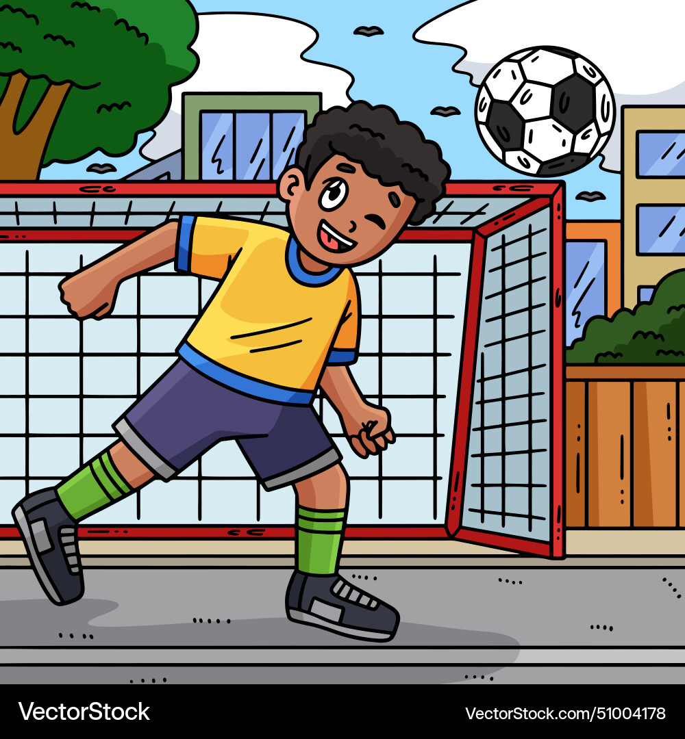 Boy hitting soccer ball with head colored cartoon Vector Image