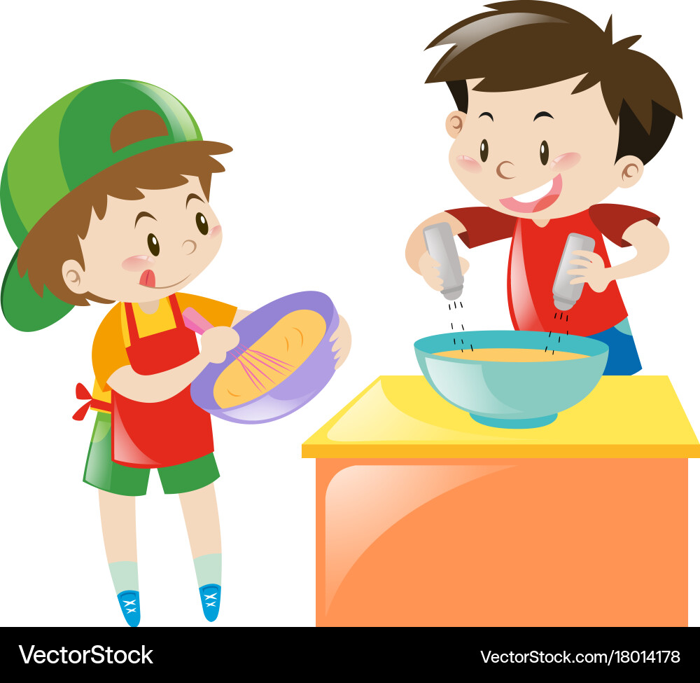 Two boys cooking and baking Royalty Free Vector Image