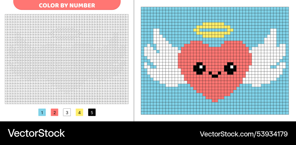 Color by number flying heart pixel coloring book Vector Image