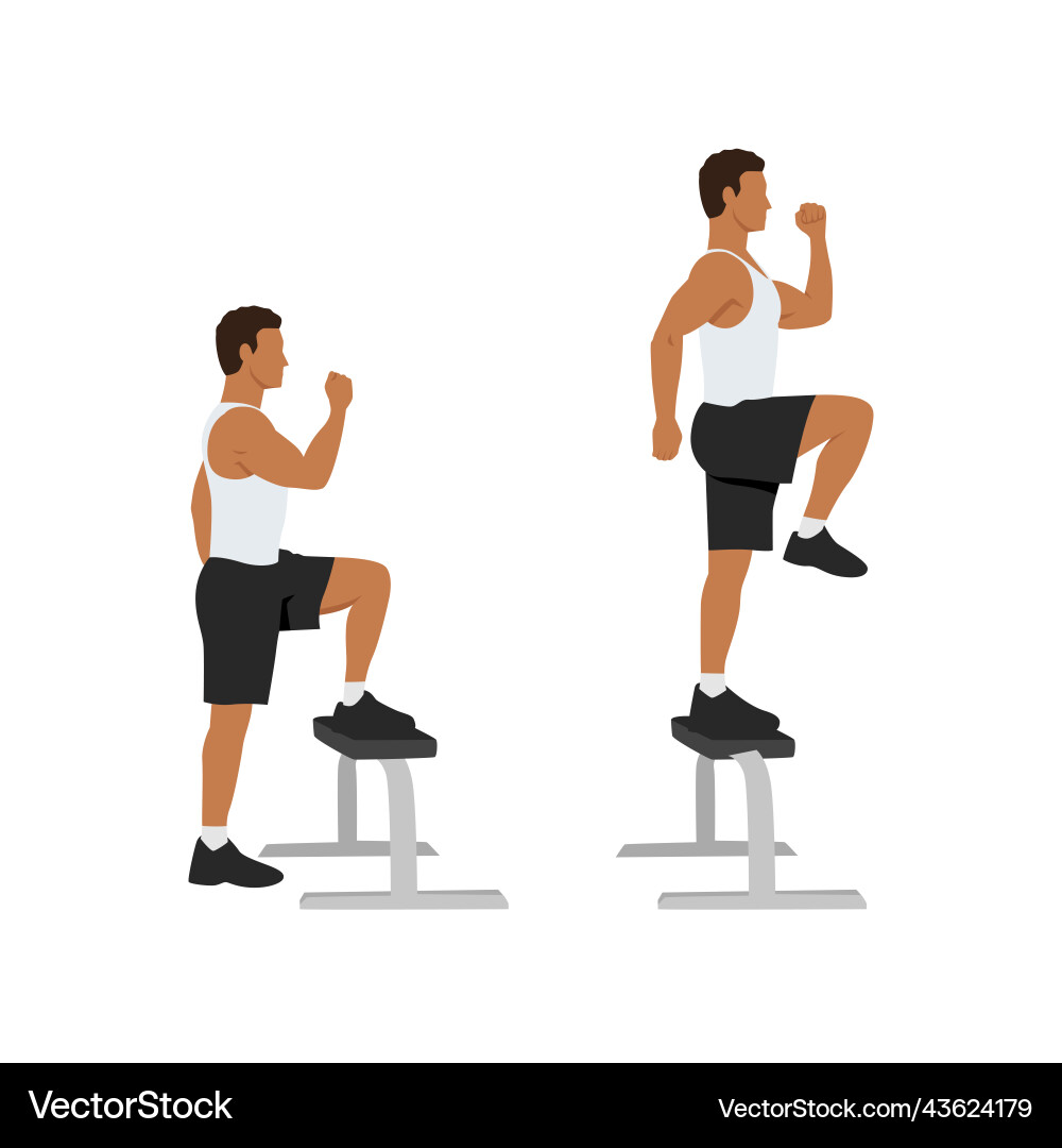 Man doing step up with knee raises exercise Vector Image