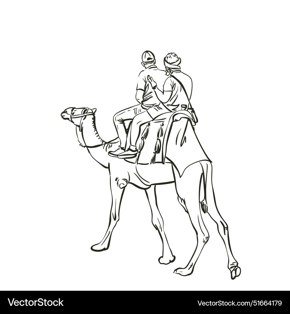 Riding camel hand drawn two young men sit Vector Image