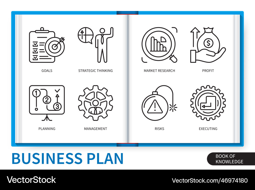 Business plan infographics linear icons collection