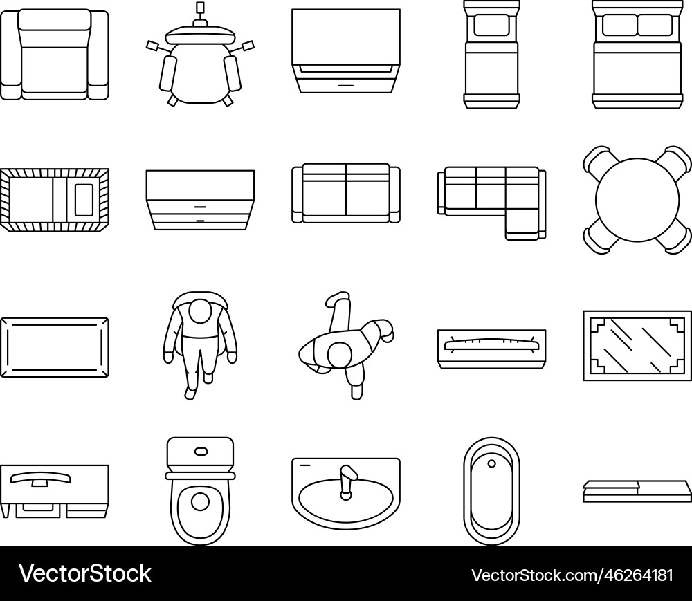 Floor plan interior furniture icons set Royalty Free Vector