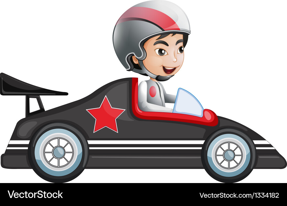 A young boy riding in his racing car Royalty Free Vector