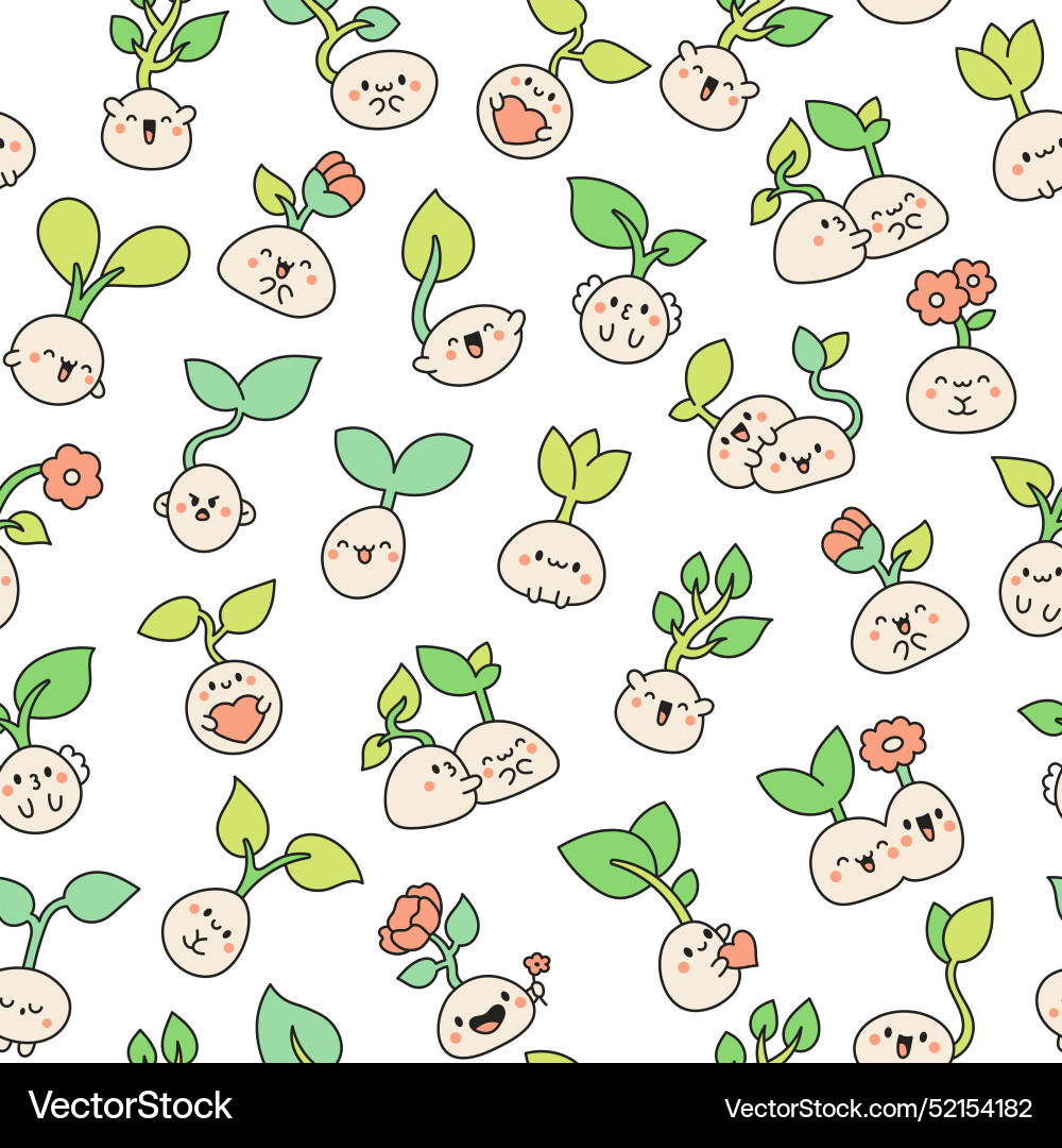 Cute kawaii seed with roots seamless pattern Vector Image