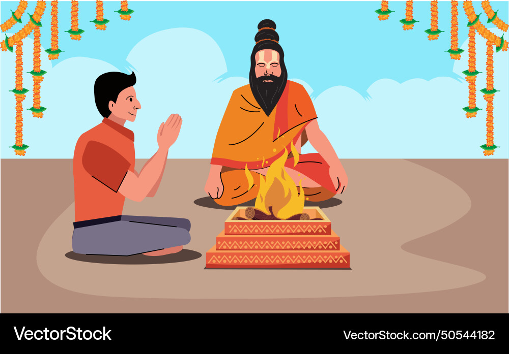 Holy man sadhu doing havan kund Royalty Free Vector Image