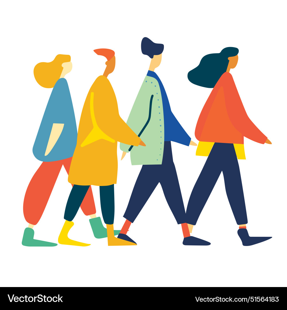 Four diverse young adults walking together Vector Image