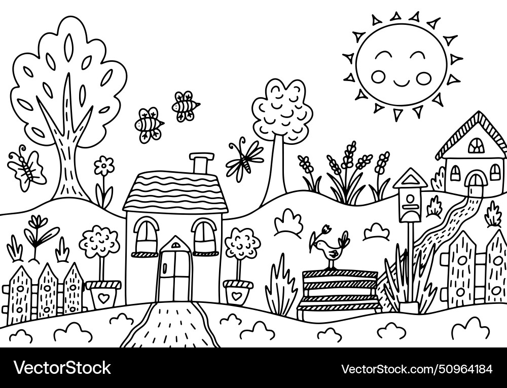 Coloring page summer sun trees rustic landscape Vector Image